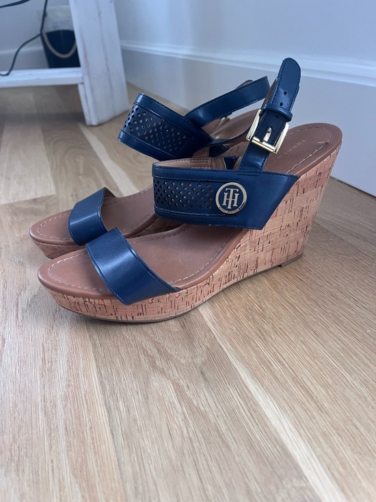 Tommy Hilfiger | Shoes | Tommy Hilfiger Navy Leather Cork Wedge Sandals ...